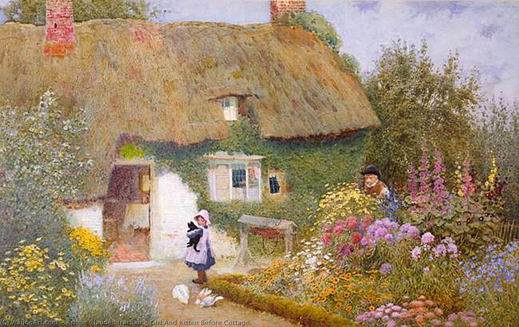 Paintings Reproductions Girl And Kitten Before Cottage by Arthur Claude ...