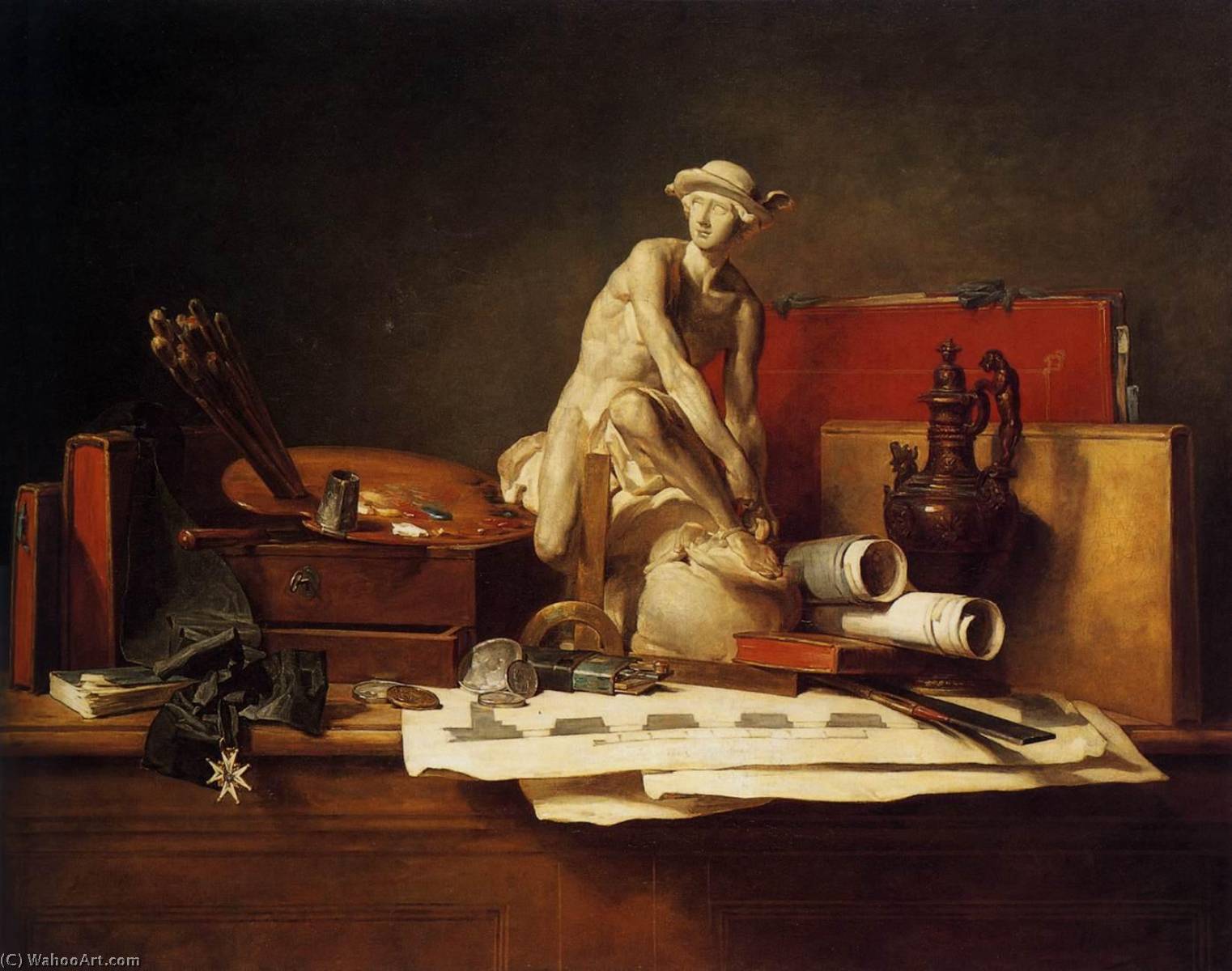 Museumsqualität Prints Die Attribute der Kunst, 1766 von Jean-Baptiste Simeon Chardin (1699-1779 ...
