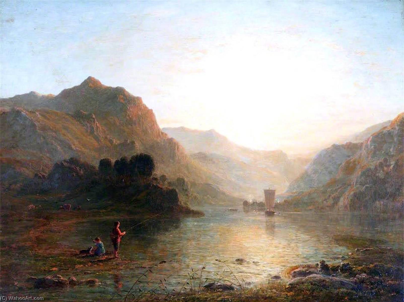 Museumsqualität Prints See- und Bergszene mit einem Jungen Angeln von ...