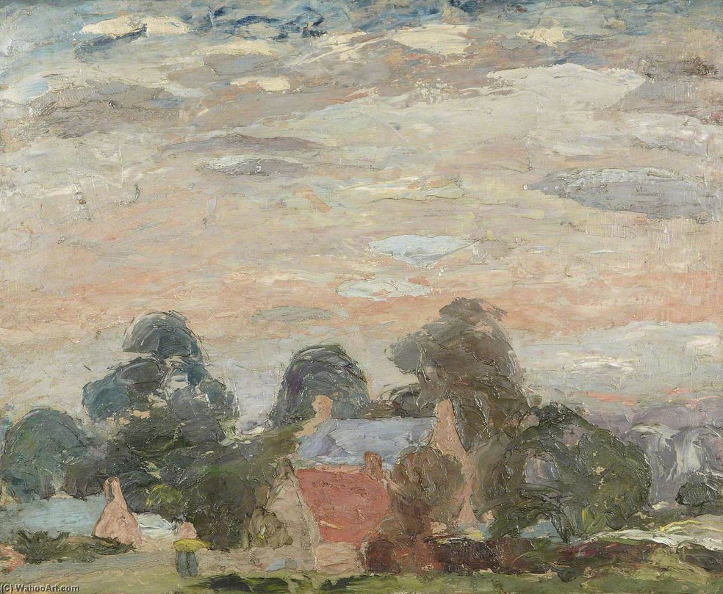 Landscape with Cottages among Trees, Pink Sky by William George Gillies ...
