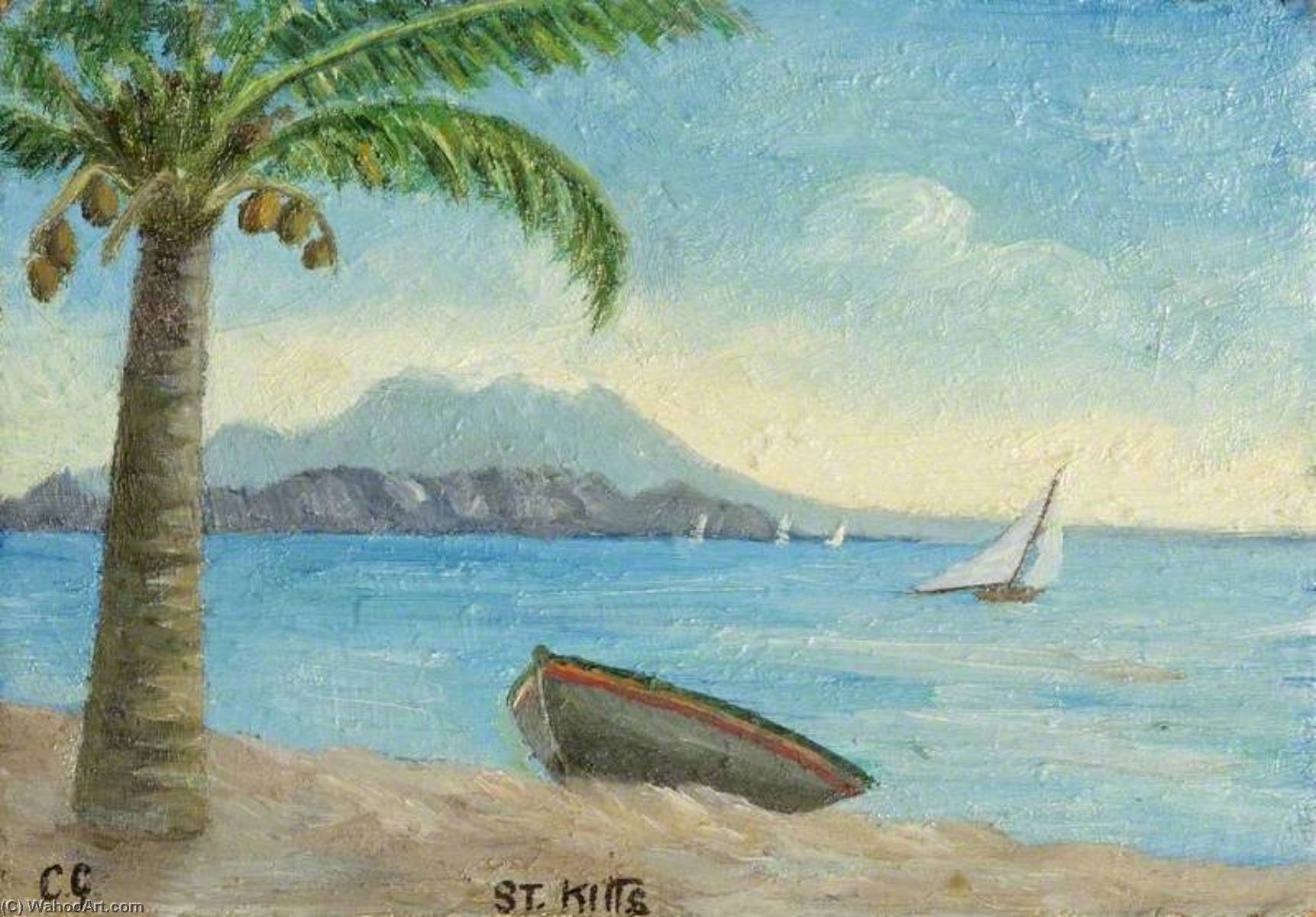 Vista de Nevis a partir de st Kitts , com um palmeira, 1910 por Charles ...