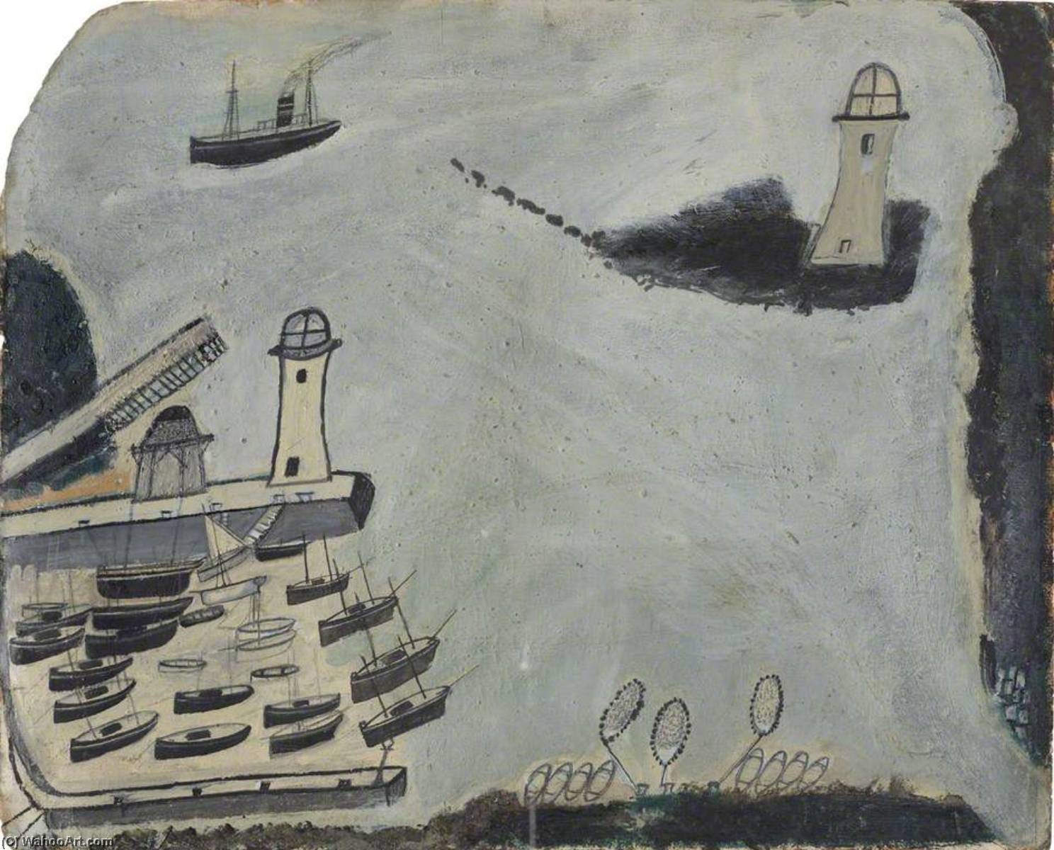 Get Paintings Reproductions Harbour with Two Lighthouses and Motor ...