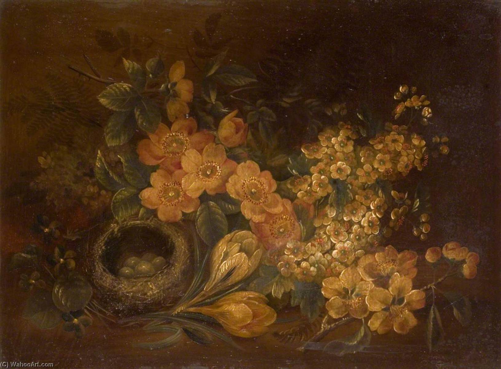 Paintings Reproductions Still Life of Flowers and Bird`s Nest by Edwin ...