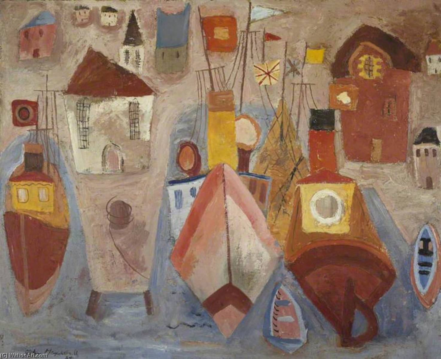 Porto com três barcos, 1934 por John Maxwell John Maxwell | WahooArt.com