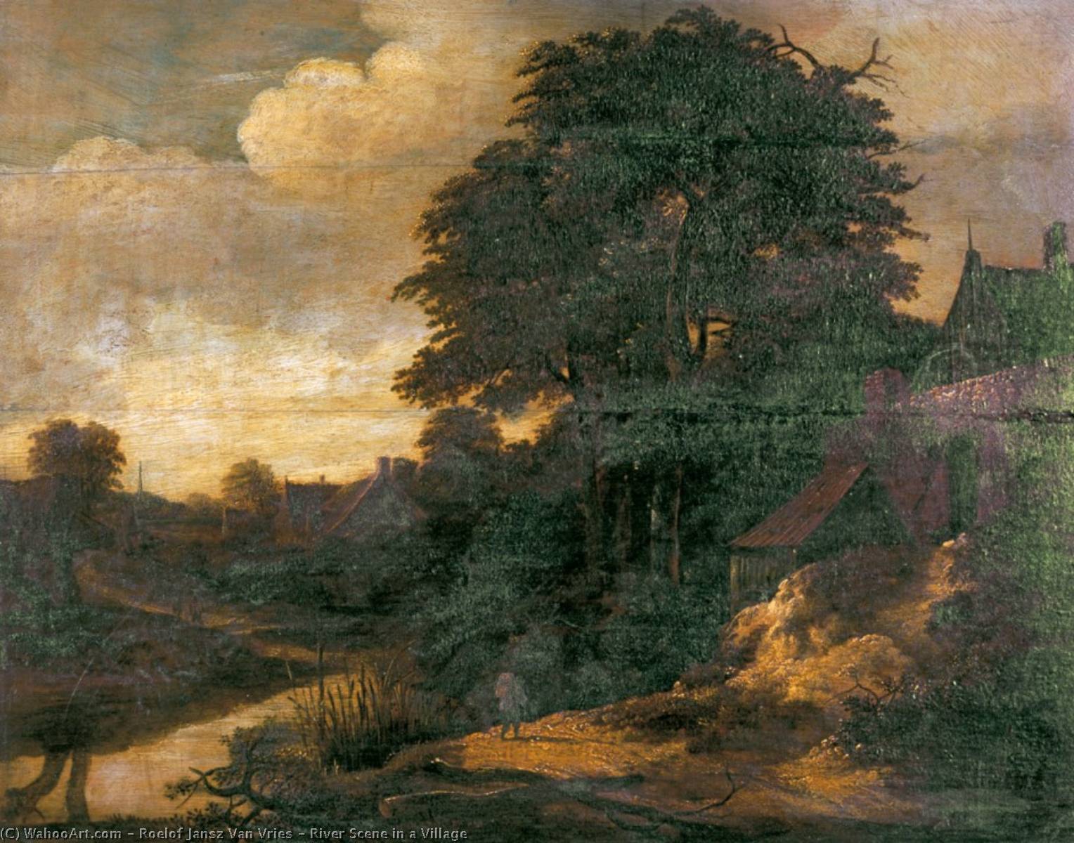 Oil Painting Replica River Scene in a Village by Roelof Jansz Van Vries ...