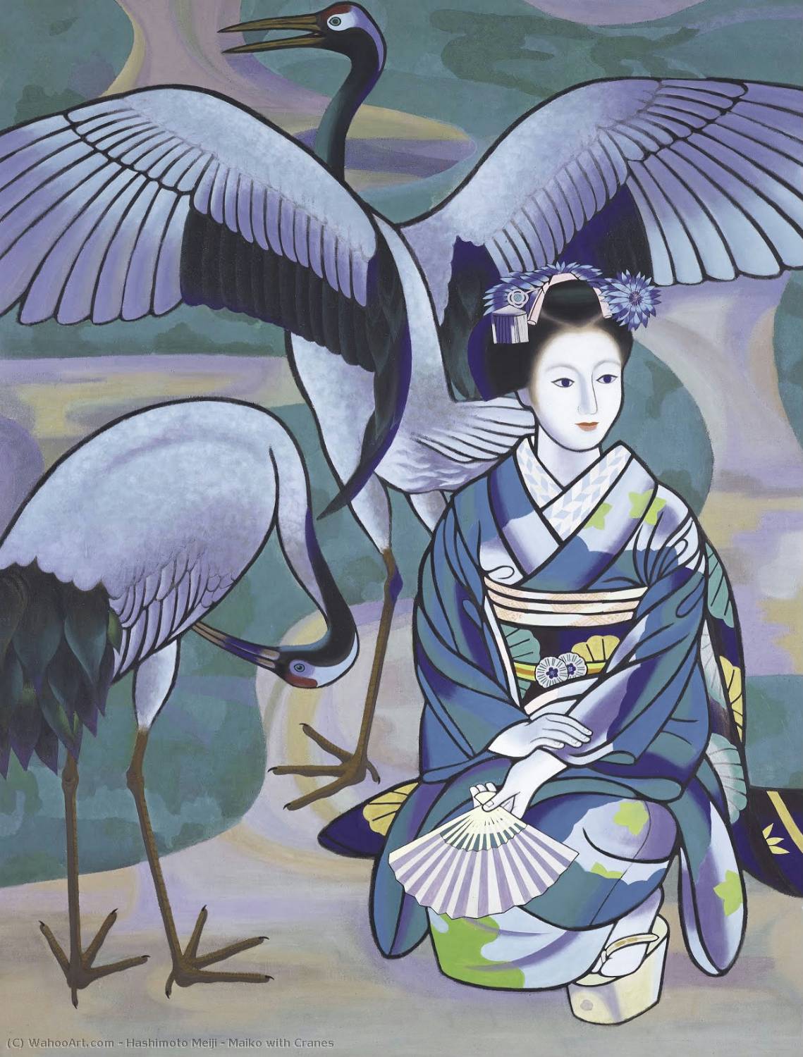 Oil Painting Replica Maiko with Cranes by Hashimoto Meiji (Inspired By ...